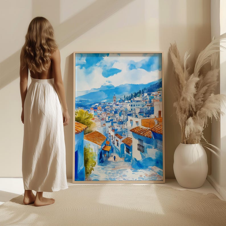 Chefchaouen Watercolor Painting - Wall Art Print, Poster, Morocco ...