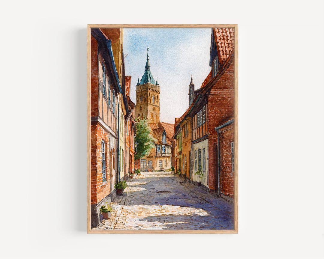 Ribe Watercolor Painting - Wall Art Print, Denmark Travel Poster ...