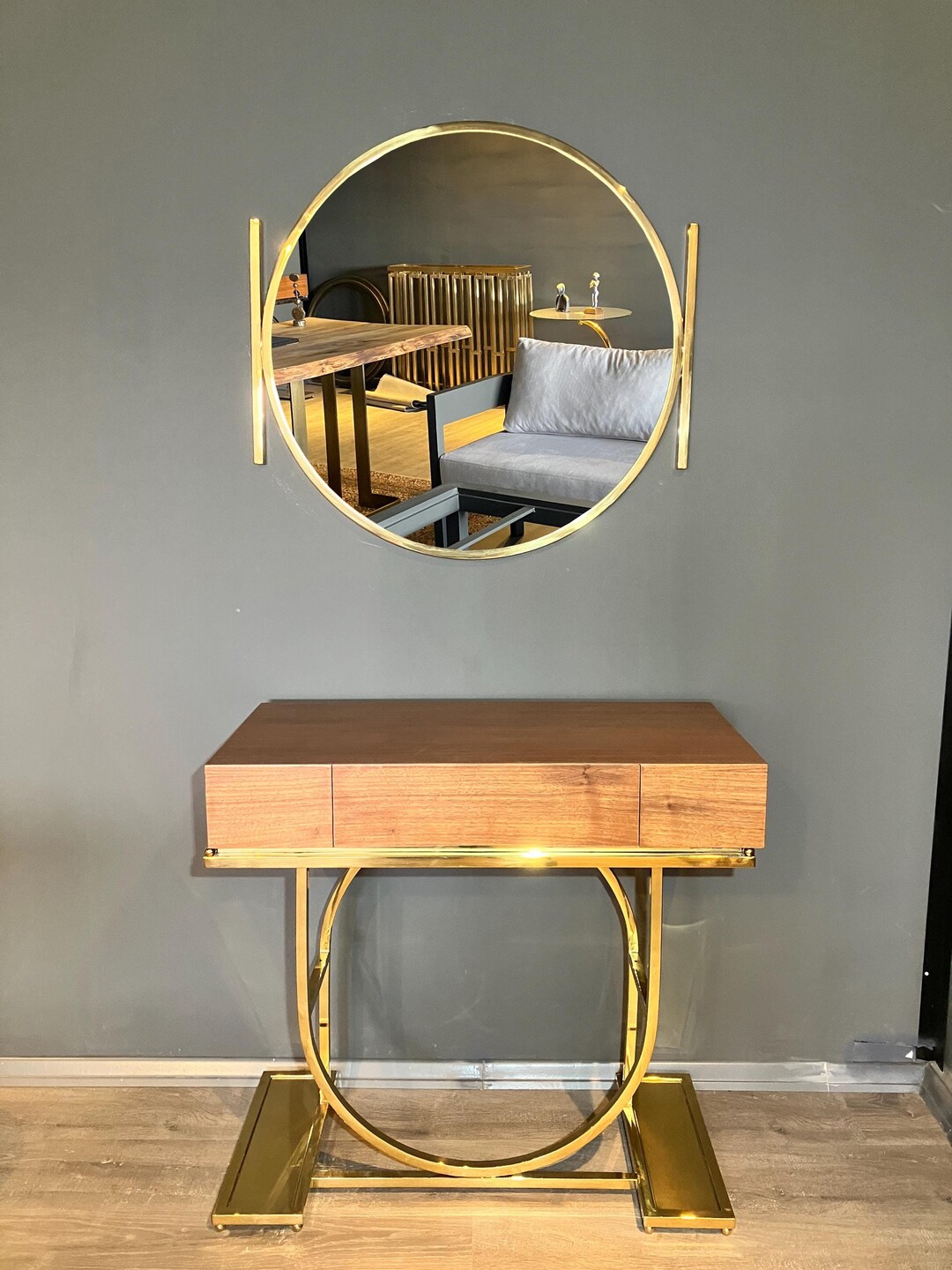 Gunce Mirrored Console and Table Set - Modern Gold Metal Frame ...