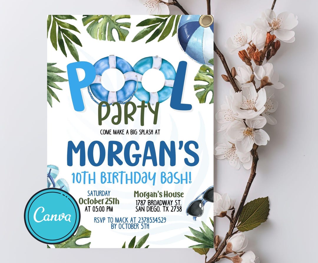 Editable Pool Party Birthday Invitation, Pool Party Invitation, Summer ...