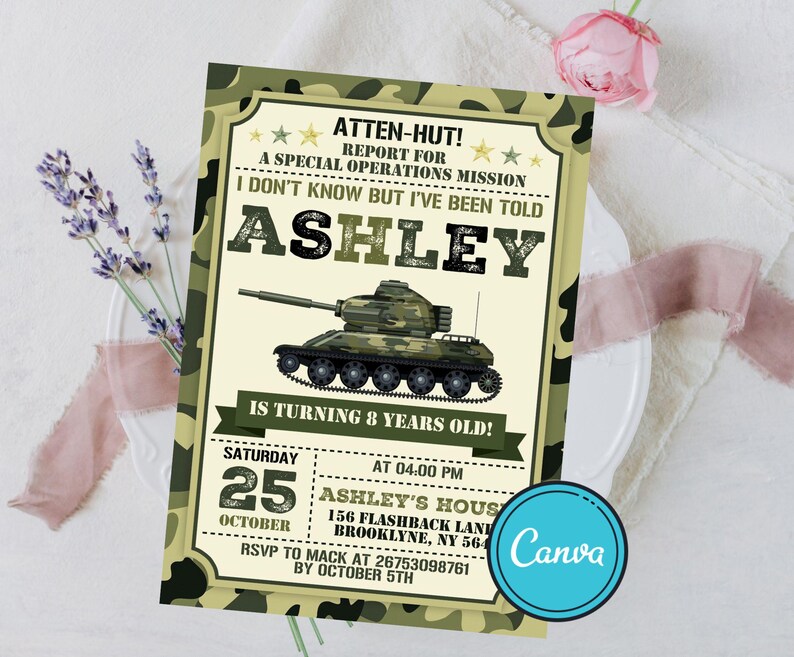 Editable Army Birthday Invitation, Military Party Invitations, Soldier ...