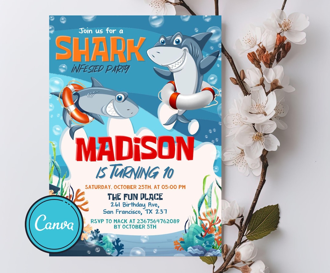 Editable Shark Invitation, Shark Invites, Boy Invitation, Shark ...