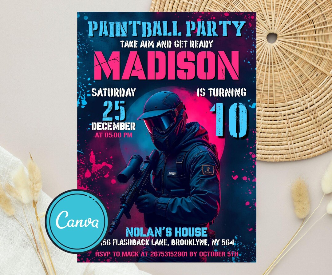 EDITABLE Paintball Party Invite, Paintball Birthday Invitation, Neon ...