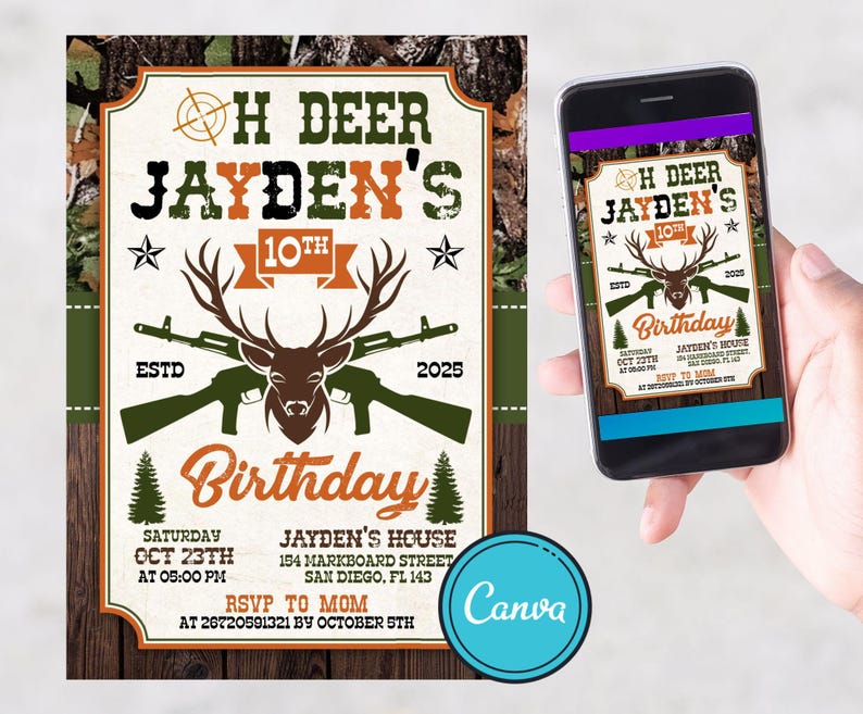 Editable Hunting Birthday Party Invitation, Hunting Invitation ...