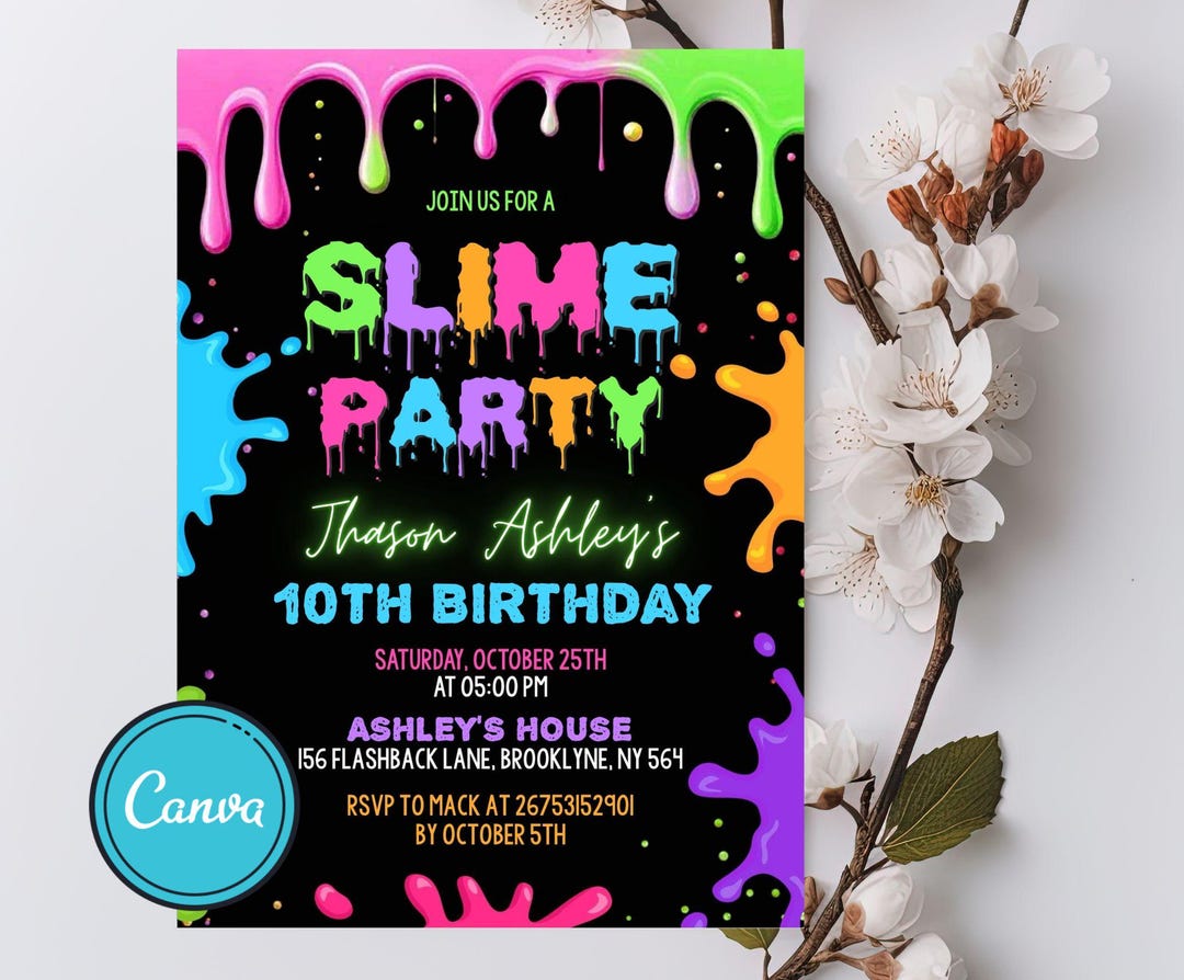 Neon Slime Birthday Invitation: Editable Canva Template (5x7 Digital ...