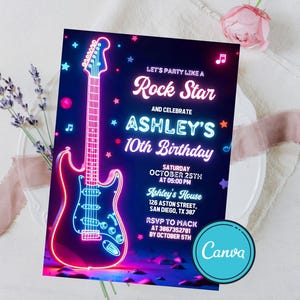 Editable Rock Star Birthday Party Invitation, Neon Glow Party Like A ...
