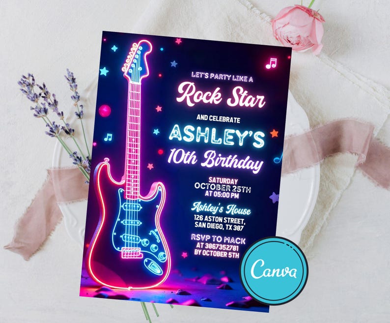 Editable Rock Star Birthday Party Invitation, Neon Glow Party Like A ...