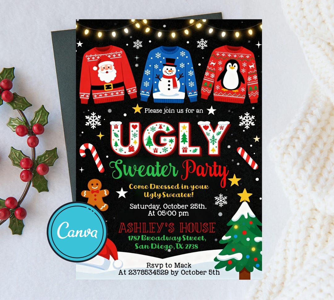 Editable Ugly Sweater Christmas Party Invitation, Christmas Invitation ...