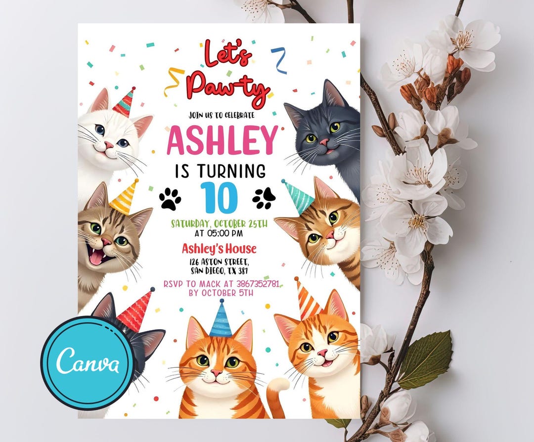 Editable Cat Themed Birthday Invitation, Cat Birthday Invite, Cat ...