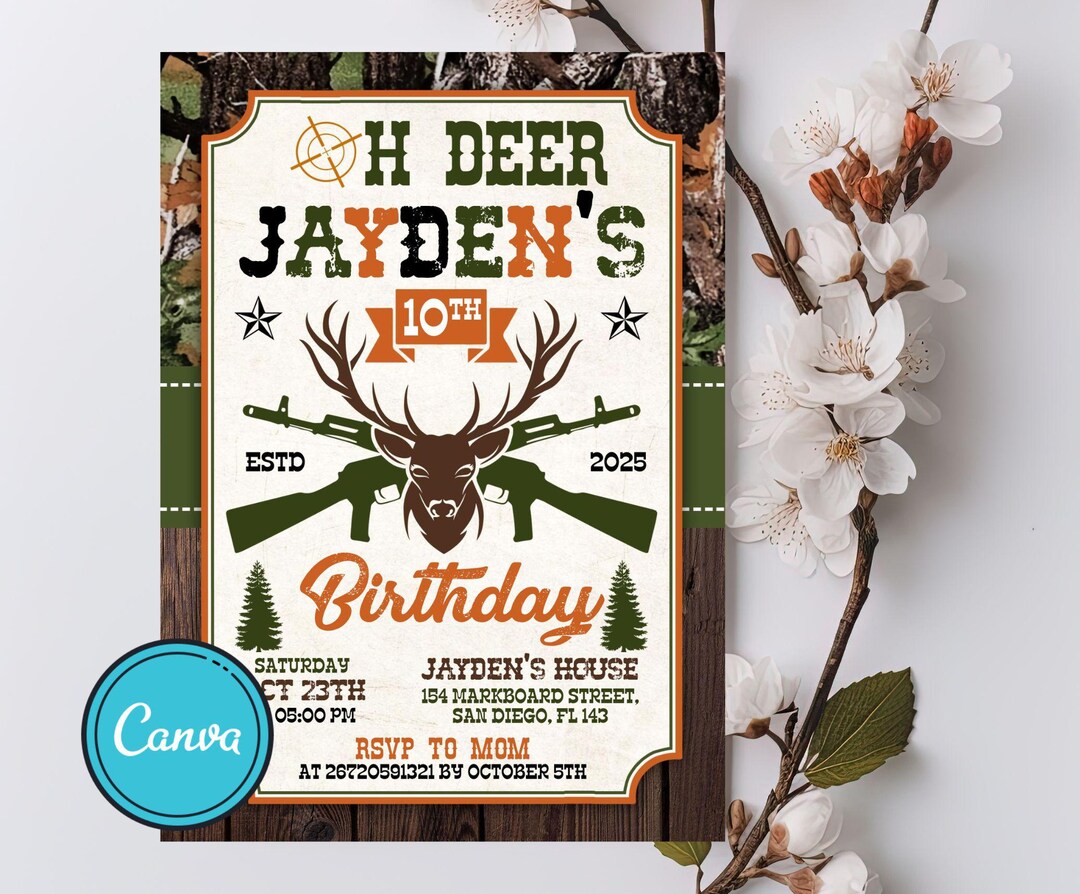 Editable Hunting Birthday Party Invitation, Hunting Invitation ...