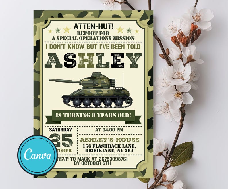 Editable Army Birthday Invitation, Military Party Invitations, Soldier ...