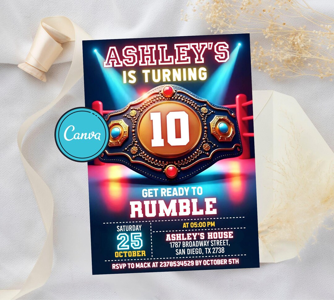 Wrestling Birthday Invitation: Championship Belt, Boxing MMA Ticket ...