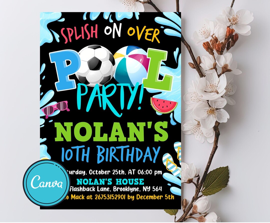 Soccer Pool Party Invitation, Boy Pool Party, Soccer and Pool Party ...