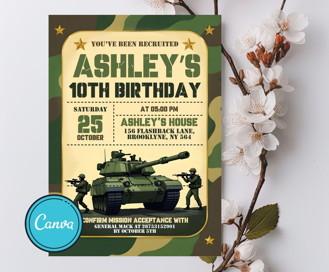 Editable Military Birthday Invitation Template: Army Party (5x7 Digital ...