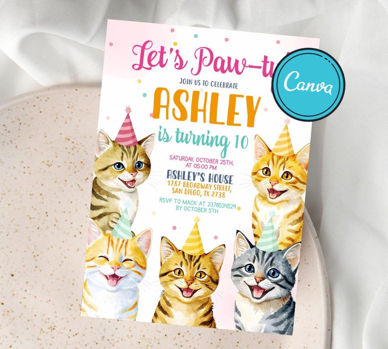 Editable Cat Birthday Invitation, Kitty Cat Birthday Party, Cat Theme ...