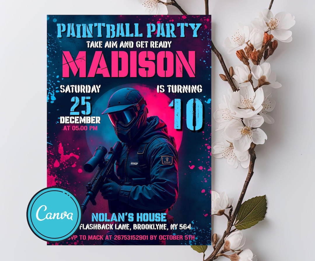 Editable Paintball Birthday Invitation, Paintball Invitation, Paintball ...