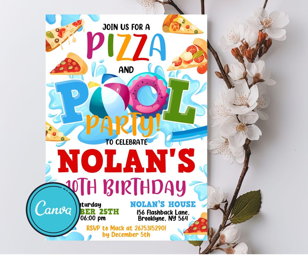 Editable Pizza Pool Party Invitation, Boy Pool Party, Pizza and Pool ...