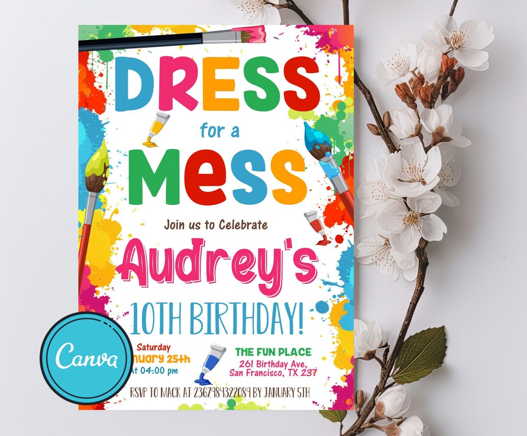 Editable Art Birthday Party Invitation: Dress for a Mess (canva ...