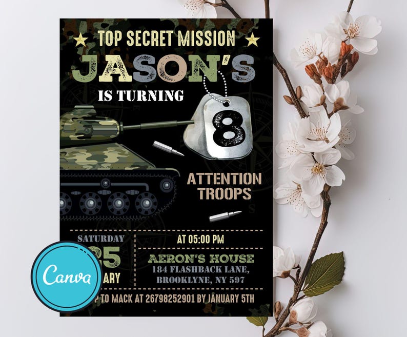 Army Birthday Invitation, Military Party Invitations, Soldier Birthday ...