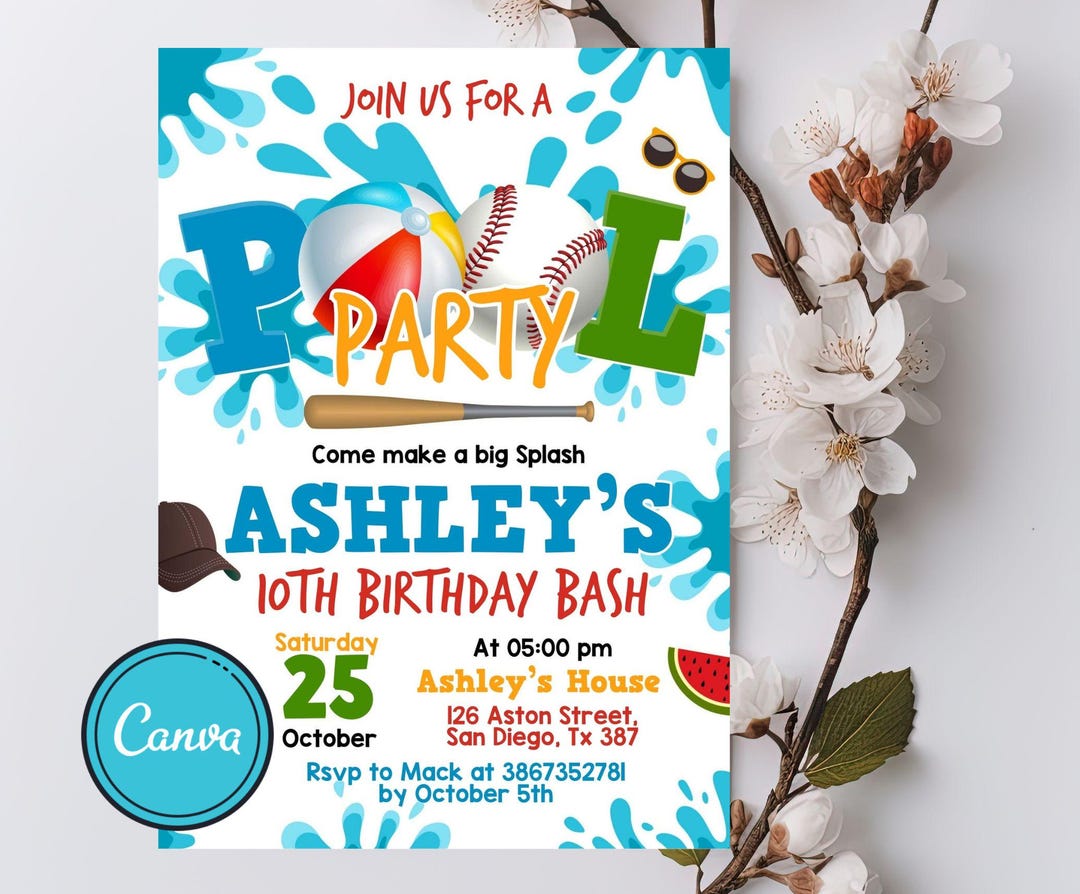 Editable Baseball Pool Party Invitation, Sports Summer Pool Party ...