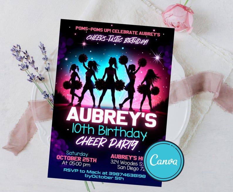 Editable Cheerleader Birthday Invitation, Cheer Party Invitation ...