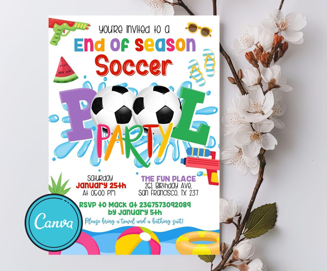 Soccer Pool Party Invitation, Boy Pool Party, Soccer and Pool Party ...