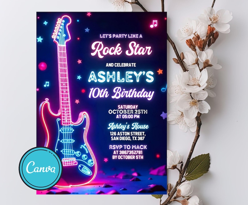 Editable Rock Star Birthday Party Invitation, Neon Glow Party Like A ...