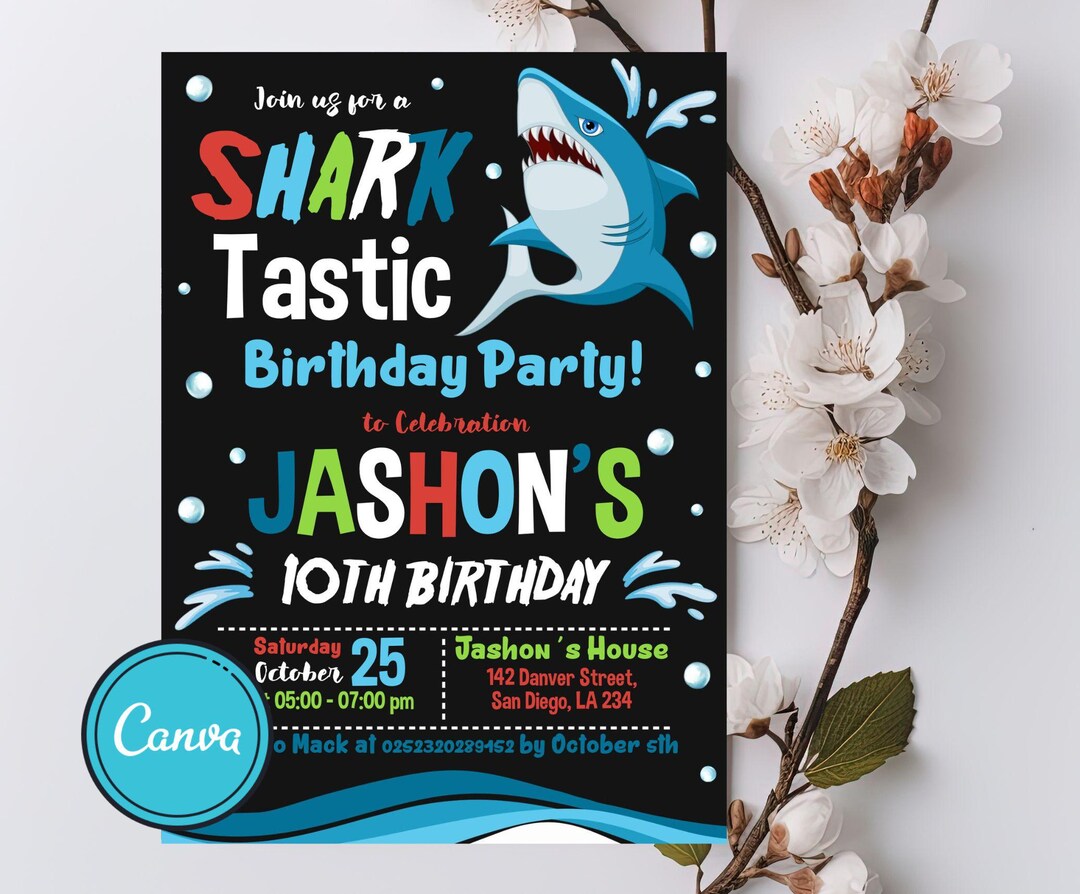 Editable Shark Invitation, Shark Invites, Boy Invitation, Shark ...