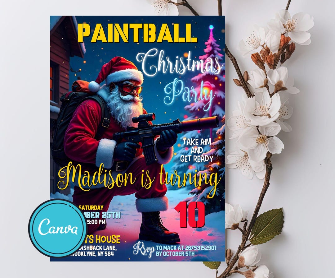 Editable Paintball Santa Christmas Invitation, Santa Claus Christmas ...