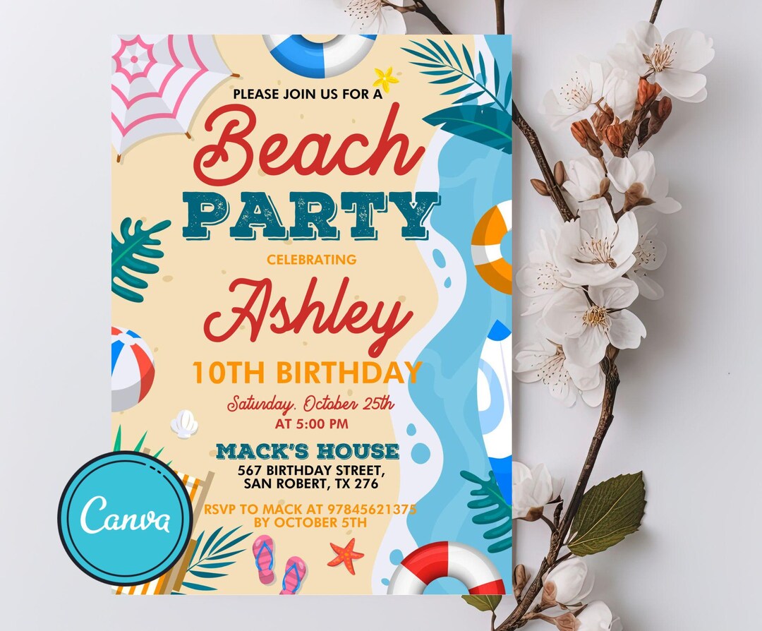 Editable Beach Invitation, Beach Birthday Party Invitation, Ocean ...
