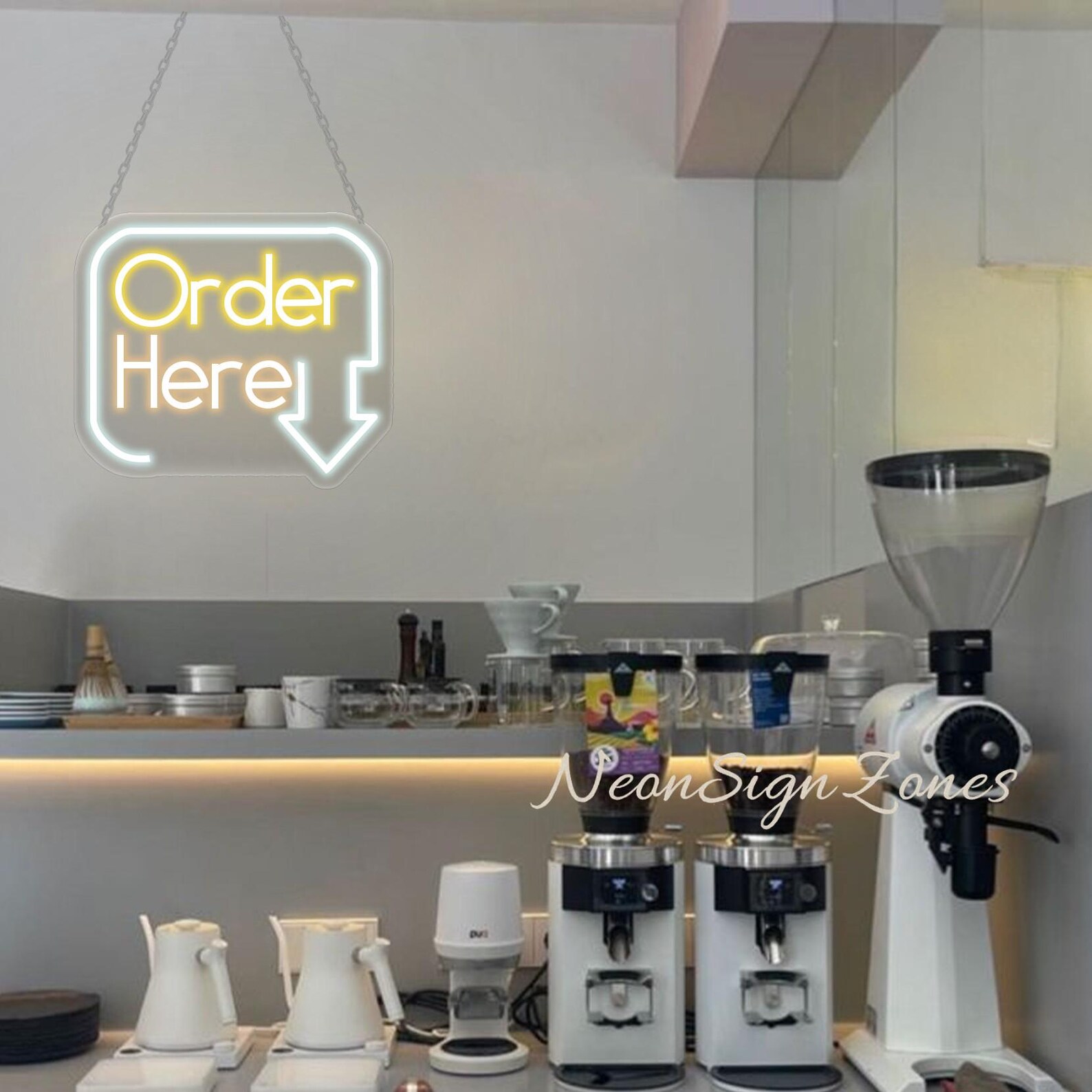 Order Here Neon Sign, LED Down Arrow Light for Cafe Counter, POS Wall ...