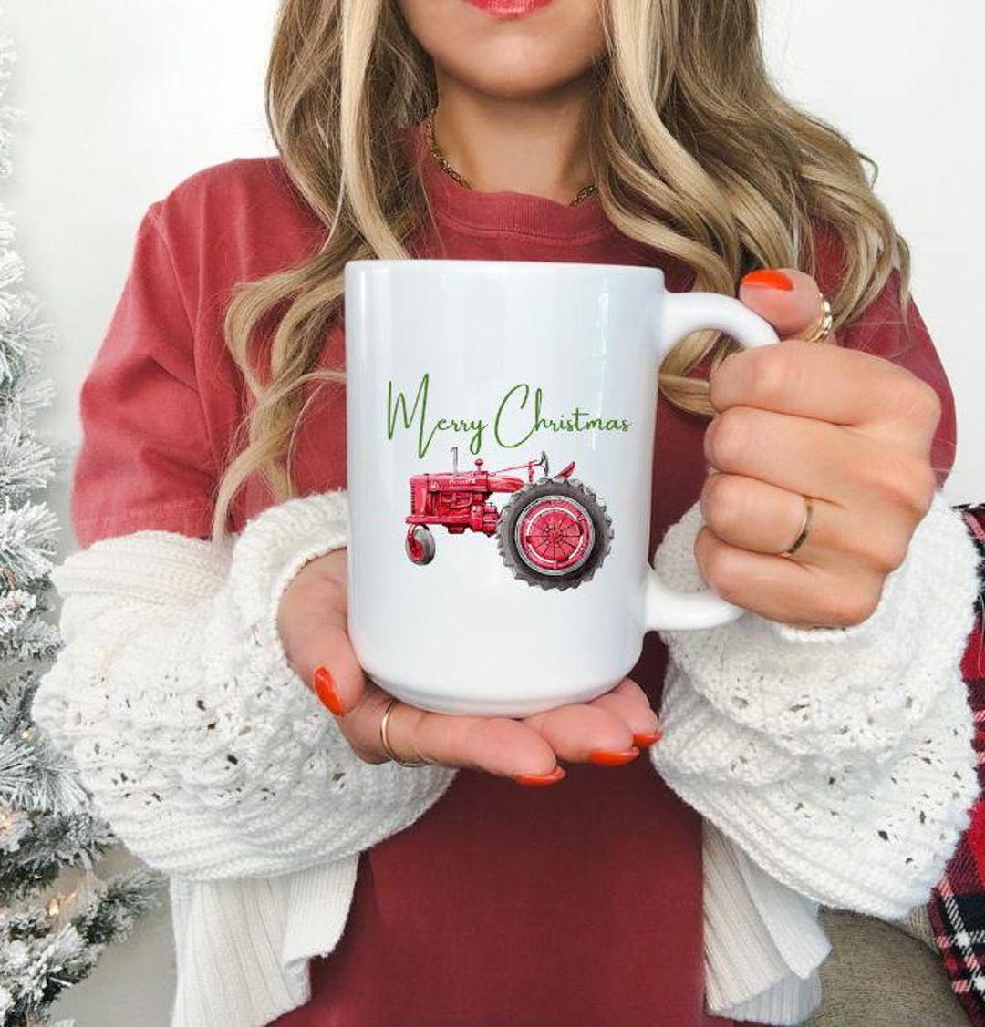 Ceramic Mug, Cute Red Tractor Christmas Mug, Farming Coffee Cup, Merry ...