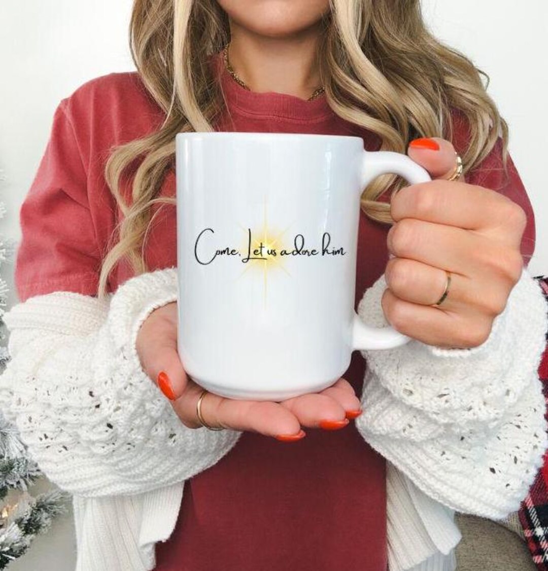 Christian Ceramic Mug, Come Let Us Adore Him Coffee Mug With Star ...