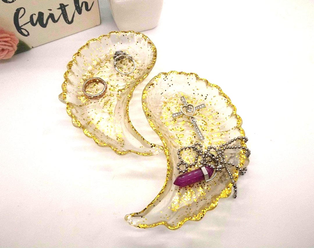 Gold Sparkling Resin Angel Wing Jewelry Trays 3x5 Inches Trinket Holder ...