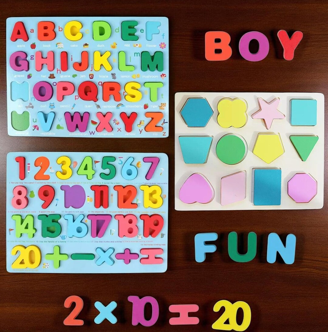 Wooden Learning Puzzles: Alphabet, Numbers & Shapes - Toddler Education ...