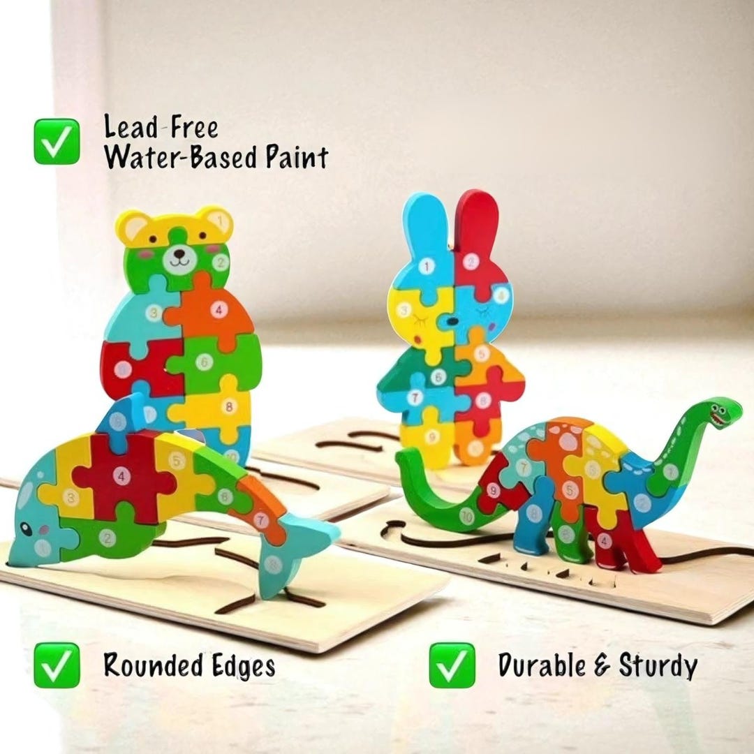 4-pack Wooden Animal Number Puzzle Set – Montessori-inspired Learning ...