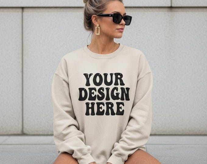 Gildan 18000 Sand Sweatshirt Mockup, Sweater Mockup, Crewneck Mockup ...