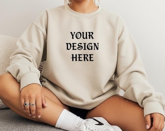 Gildan 18000 Sand Sweatshirt Mockup, Sweater Mockup, Crewneck Mockup ...
