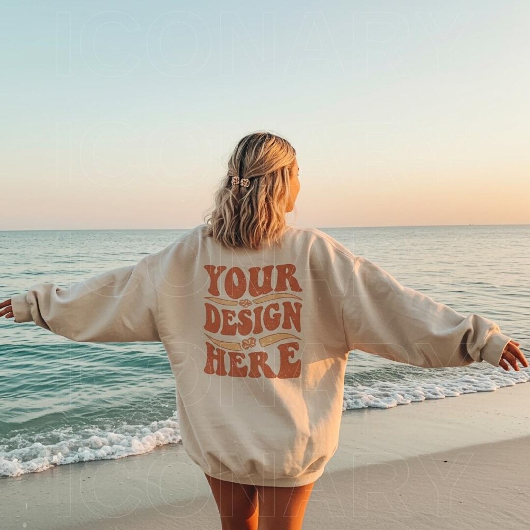 Back Mockup 18000 Sand, Beach Mockup Gildan 18000 Sand, Outdoor Mockup ...