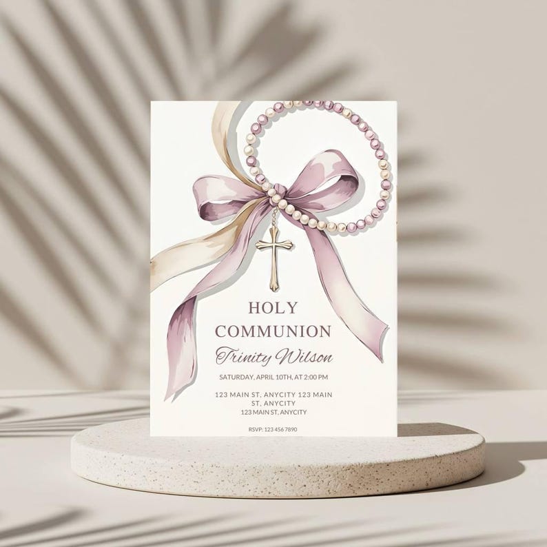 Pink Bow First Holy Communion Invitation, 1st Communion Invite for Girl ...