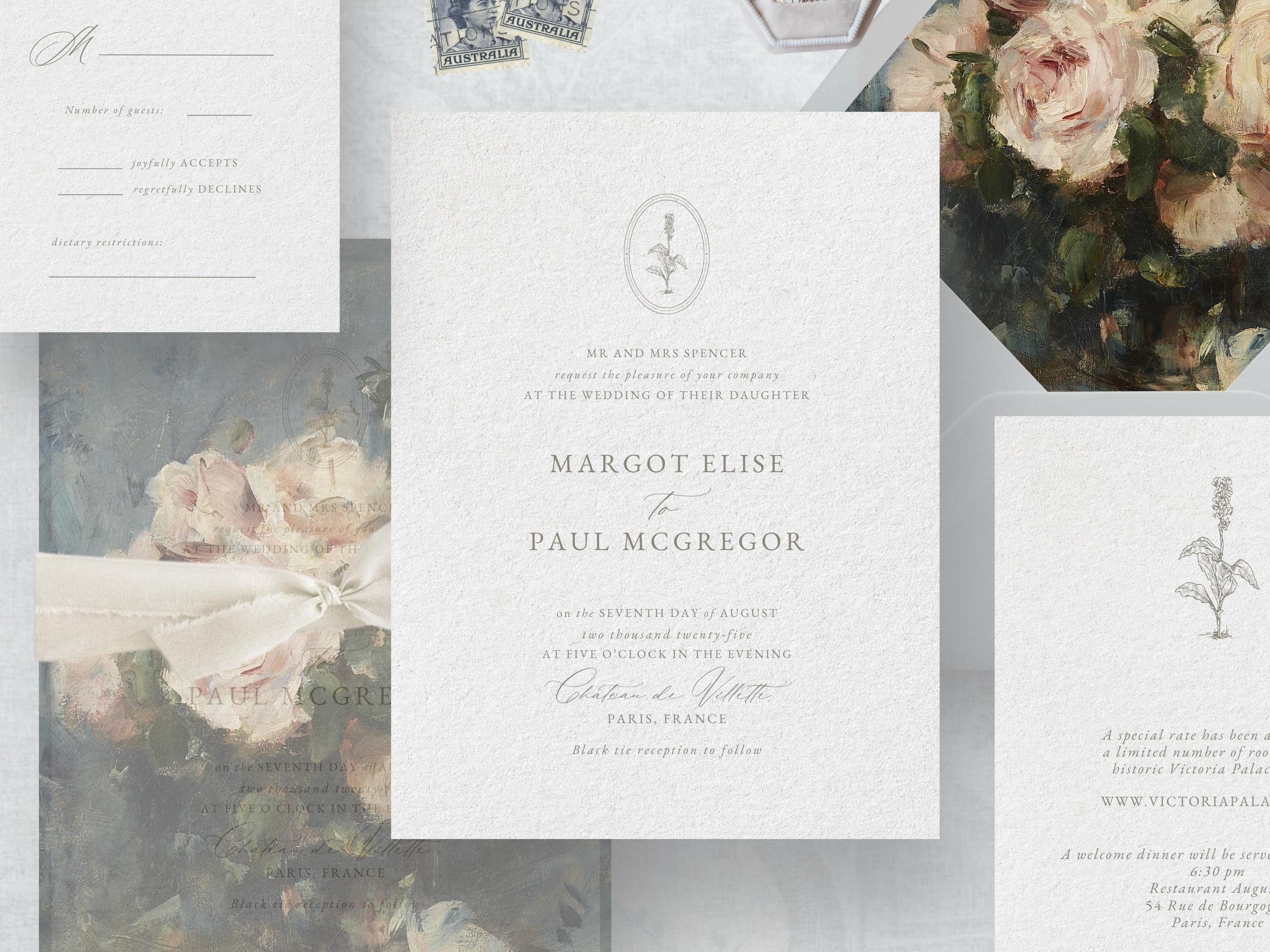 Printable Wedding Invitation Template Set With Vintage Flower, Editable ...