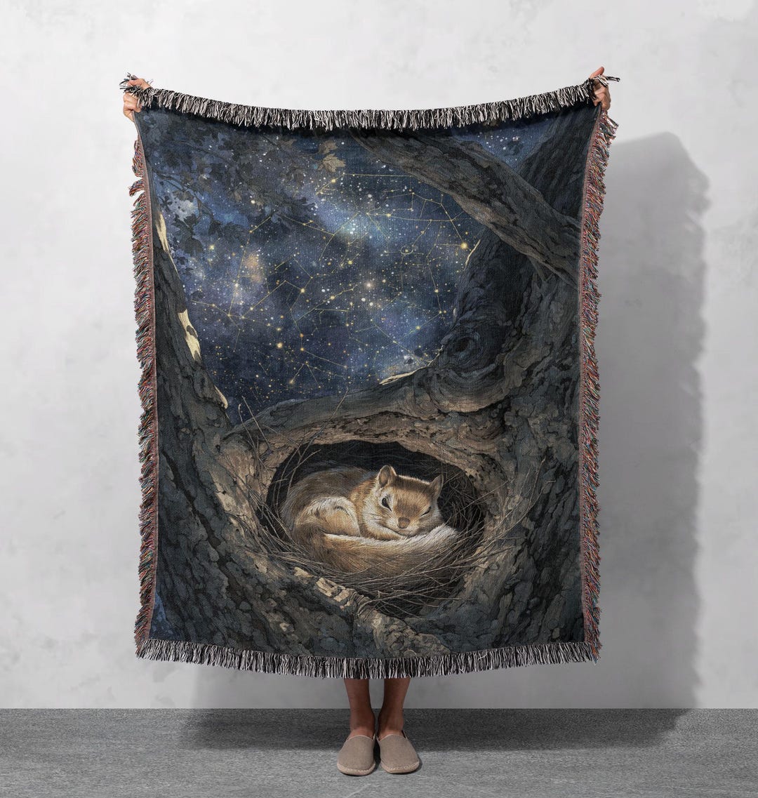 Sleeping Chipmunk Woven Blanket 100% Cotton, Starry Night Sky Tree ...