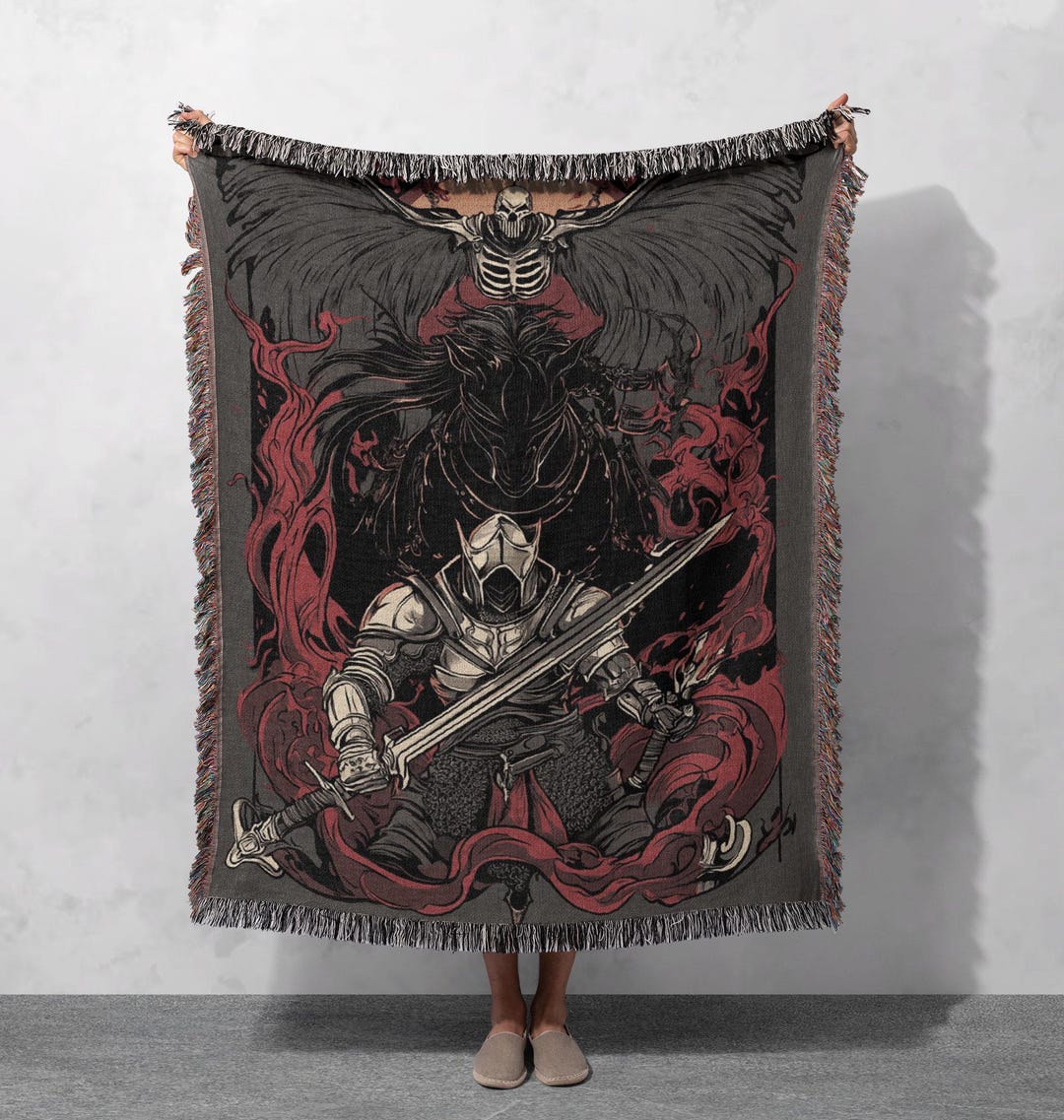 Skeleton Knight Woven Blanket 100% Cotton - Bold Gothic Throw With Dark ...