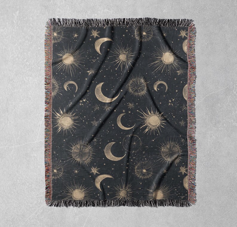 Celestial Moon and Stars Woven Blanket 100% Cotton With Golden Sun ...