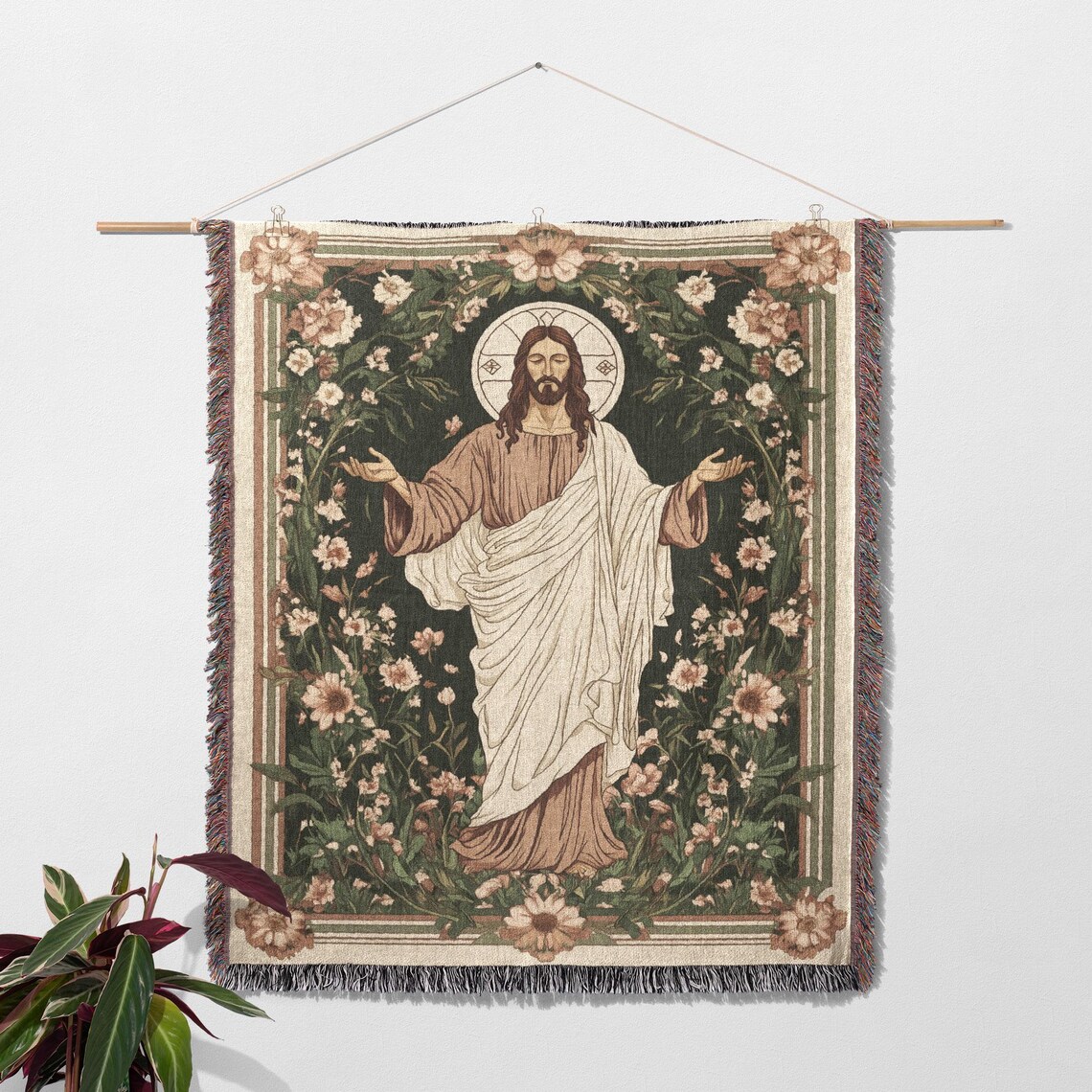 Jesus Woven Blanket 100% Cotton - Religious Art Throw With Floral ...