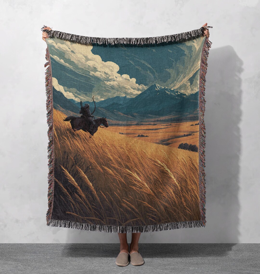 Mongolian Warrior Woven Blanket 100% Cotton, Nomad Archer on Steppe ...