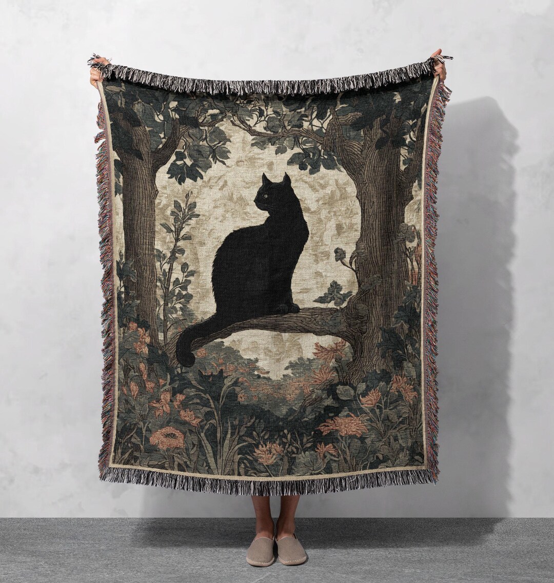 Mystical Black Cat Woven Blanket 100% Cotton Cat Lovers, Enchanted ...