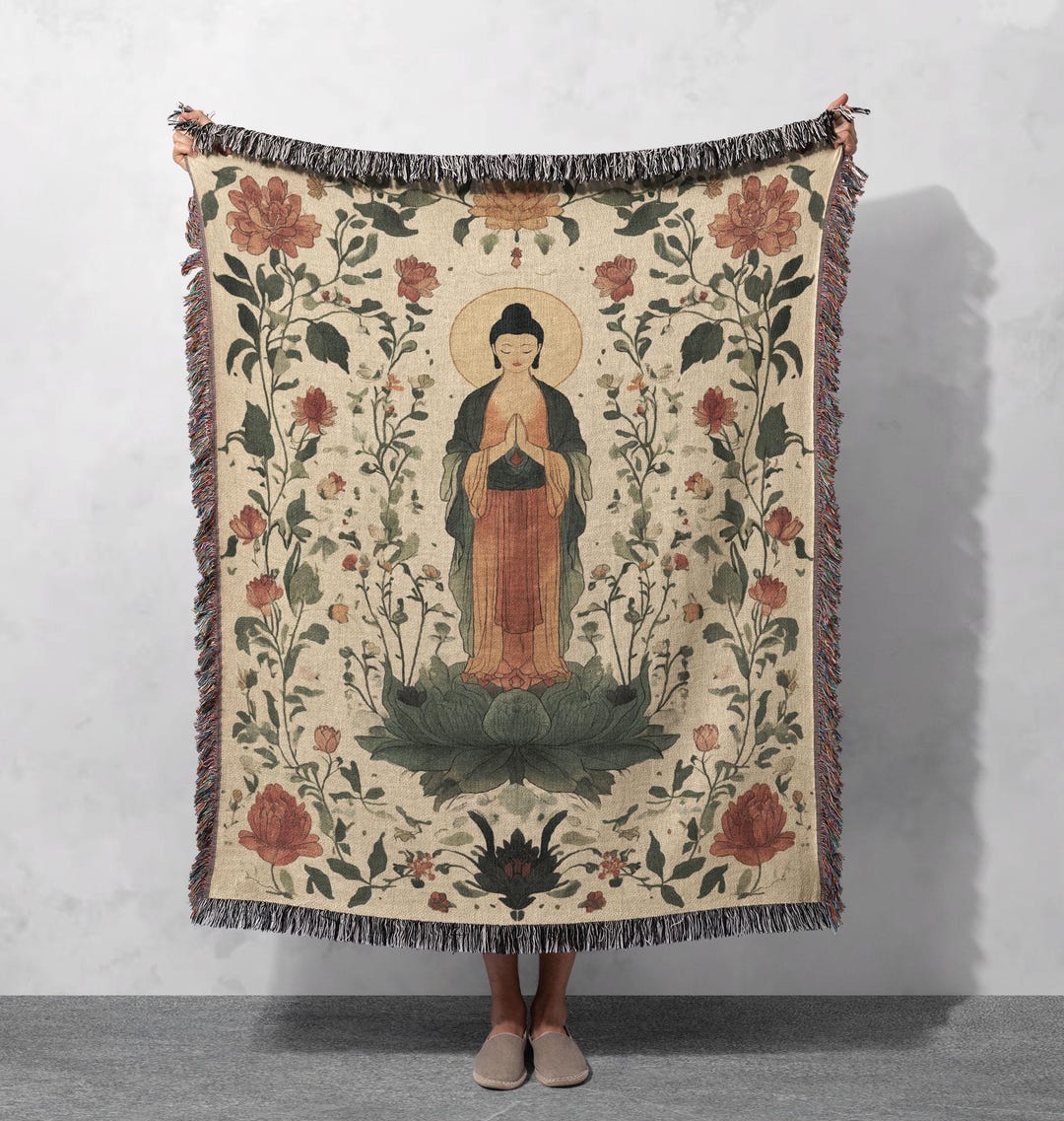 Buddha Woven Blanket 100% Cotton - Spiritual Art Throw With Lotus ...