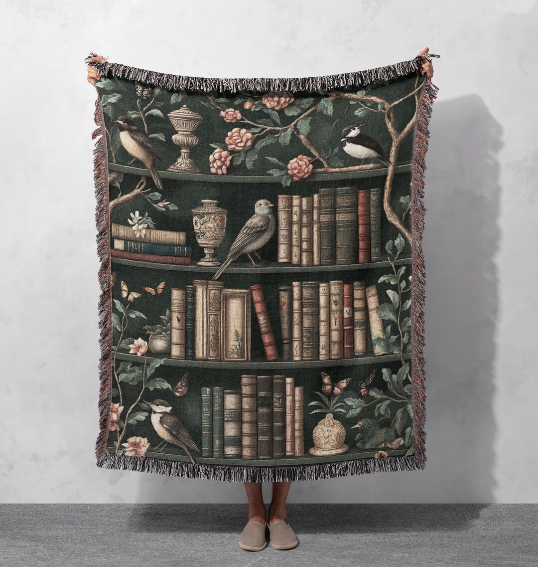 Bookshelf and Birds Woven Blanket 100% Cotton, Decorative Throw With ...