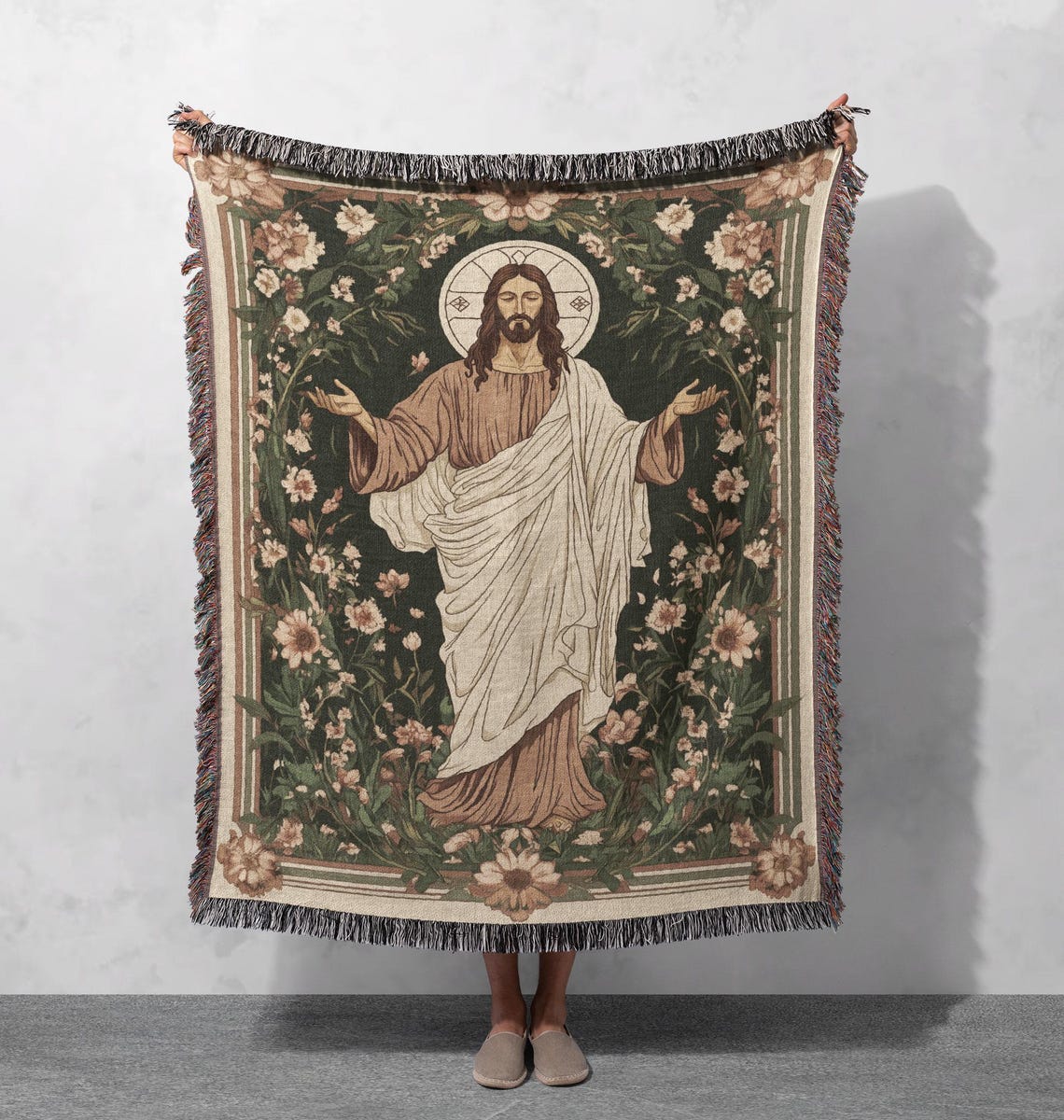 Jesus Woven Blanket 100% Cotton - Religious Art Throw With Floral ...